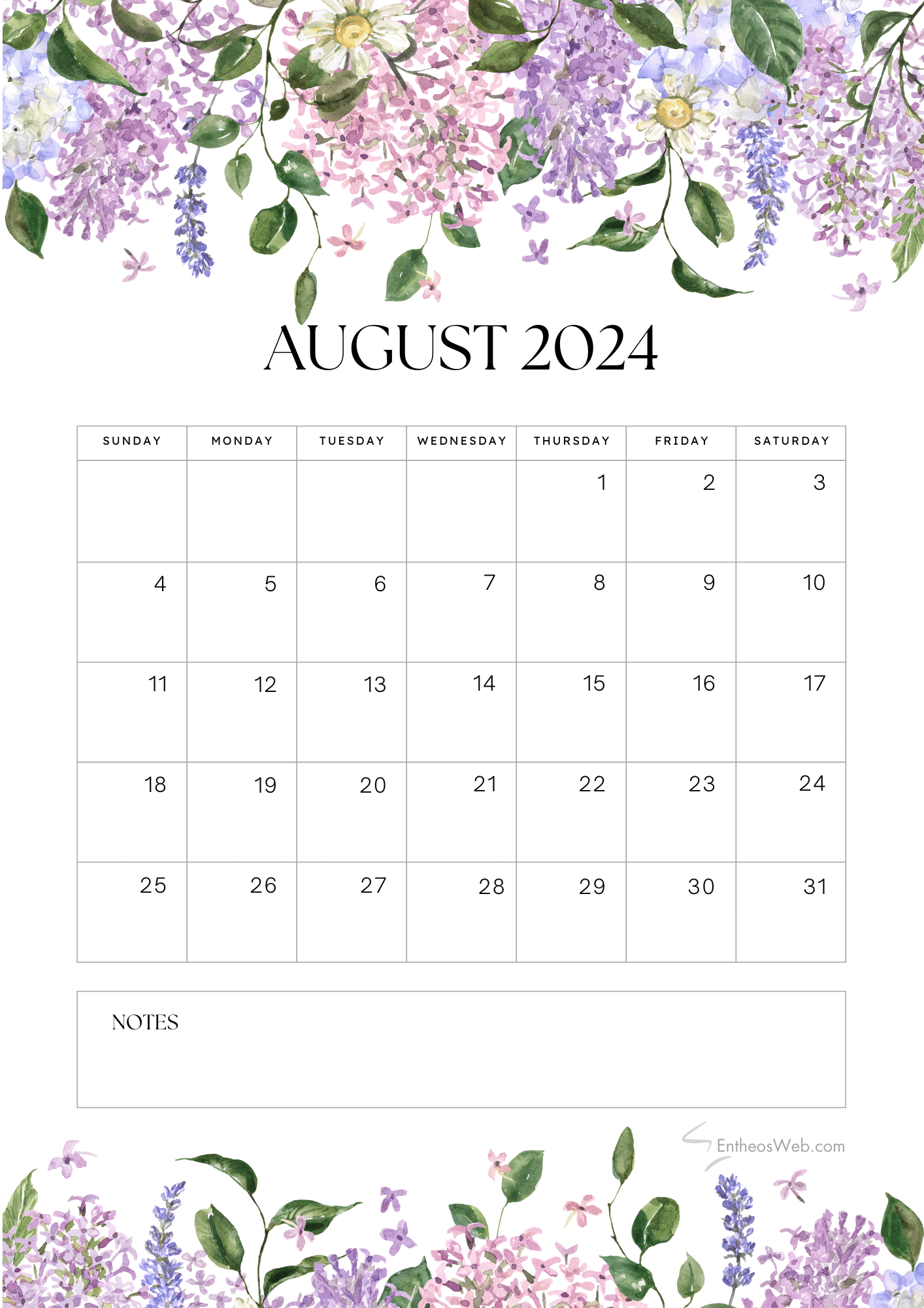 Free August 2024 Calendar (PDF) | EntheosWeb