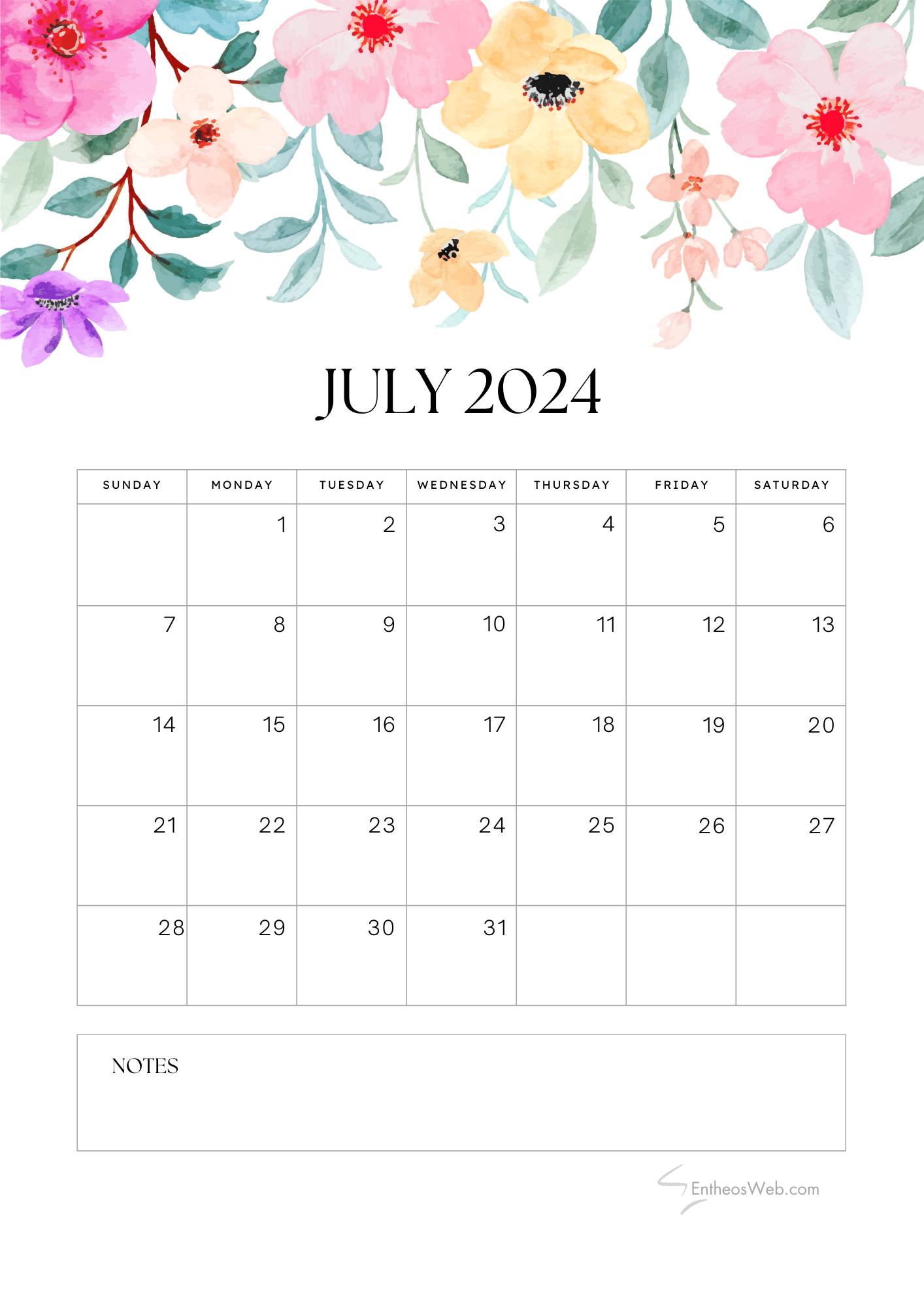 Free July 2024 Calendar PDF Printables | EntheosWeb