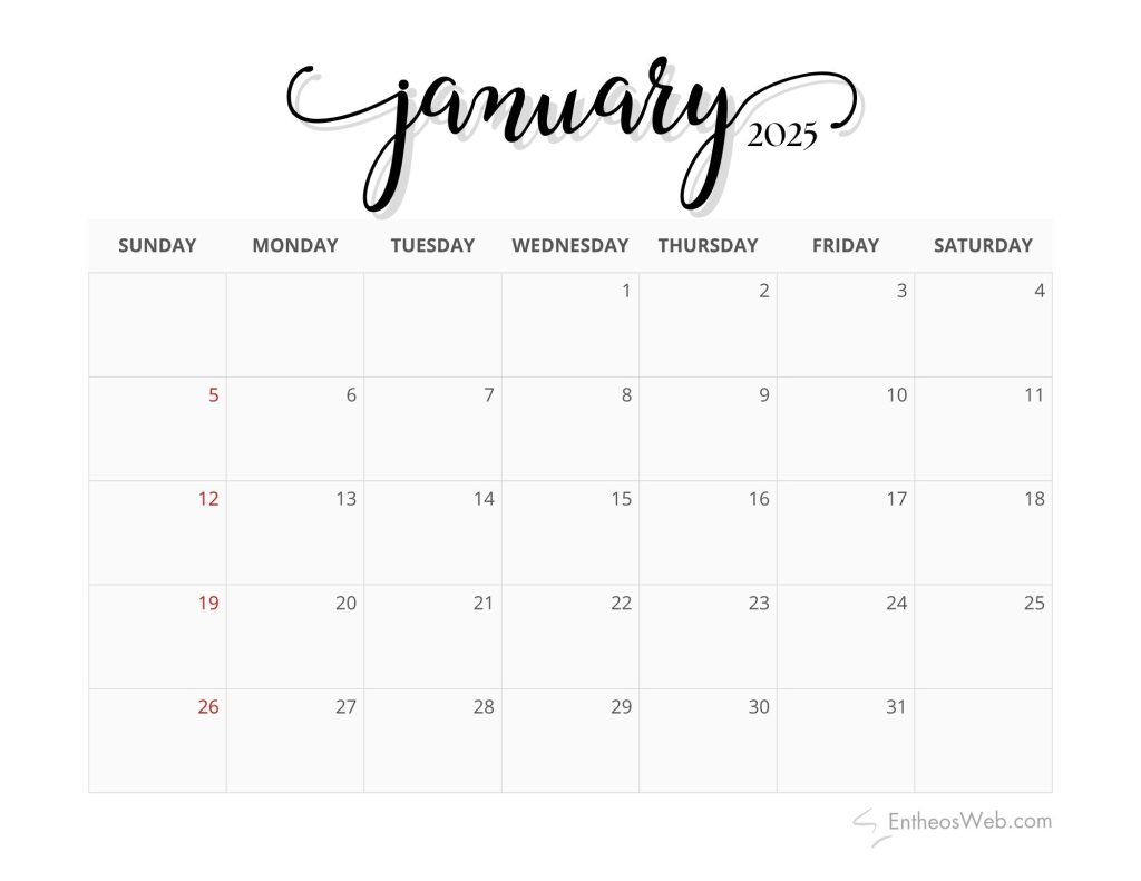 Printable 2026 Monthly Calendar – Black and White | EntheosWeb