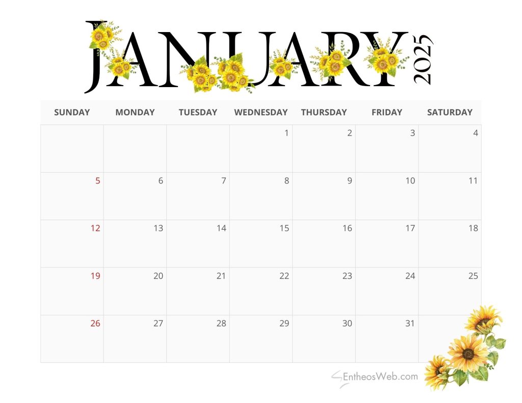 Free Printable Monthly Calendar 2026 Sunflowers » EntheosWeb