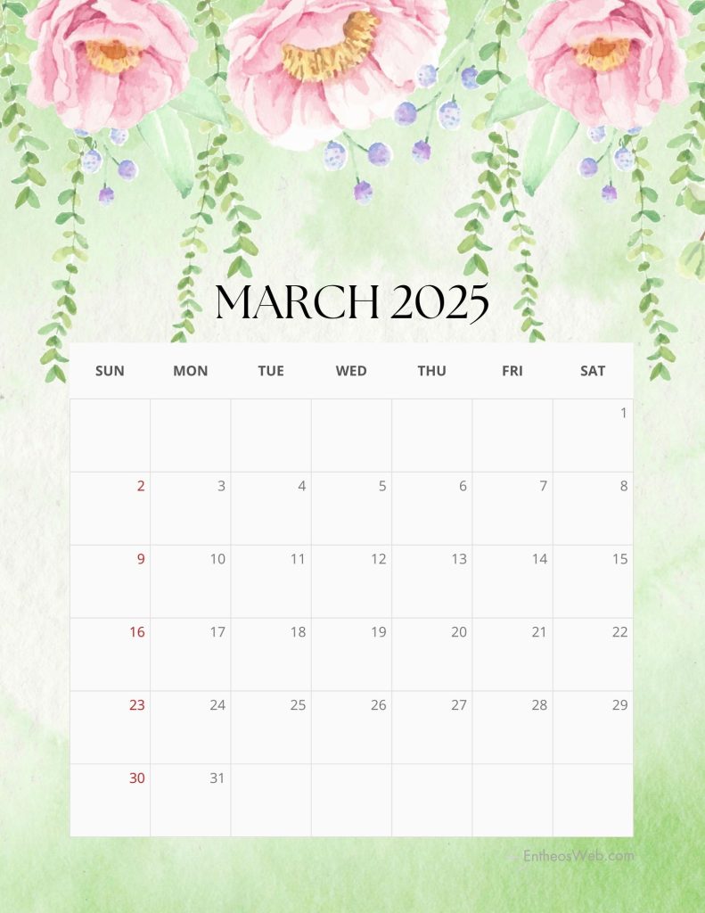 Free Printable Floral 2025 Monthly Calendar | EntheosWeb