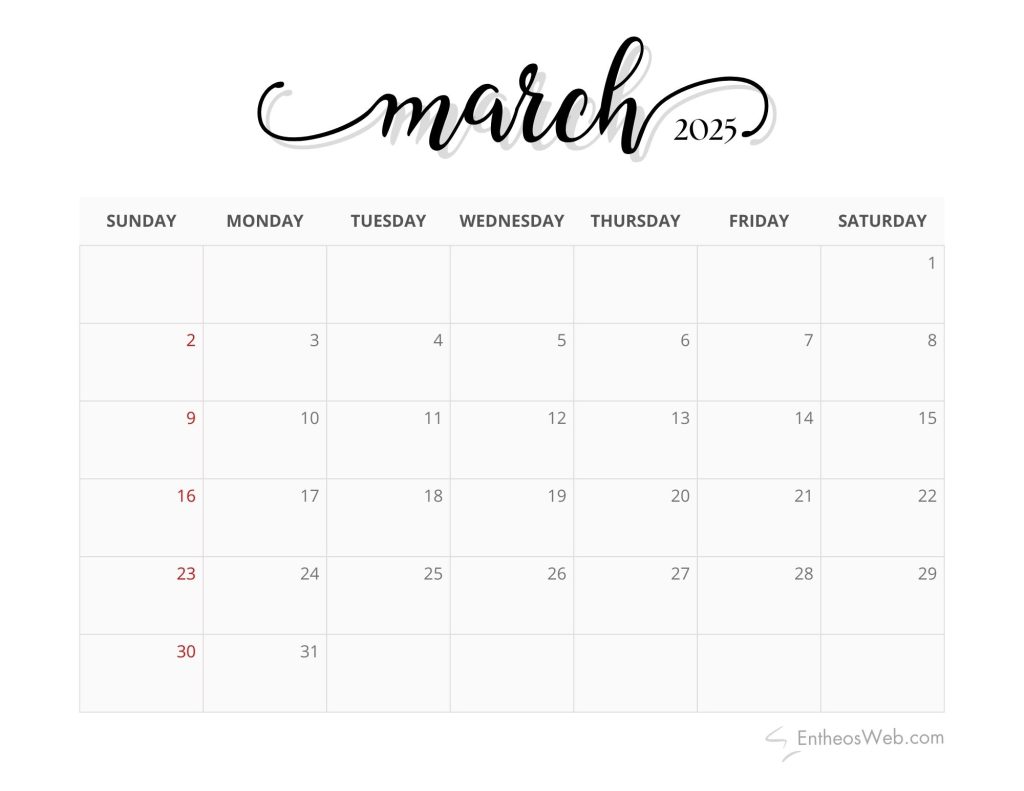 March 2025 Calendar Free PDF Printables | EntheosWeb