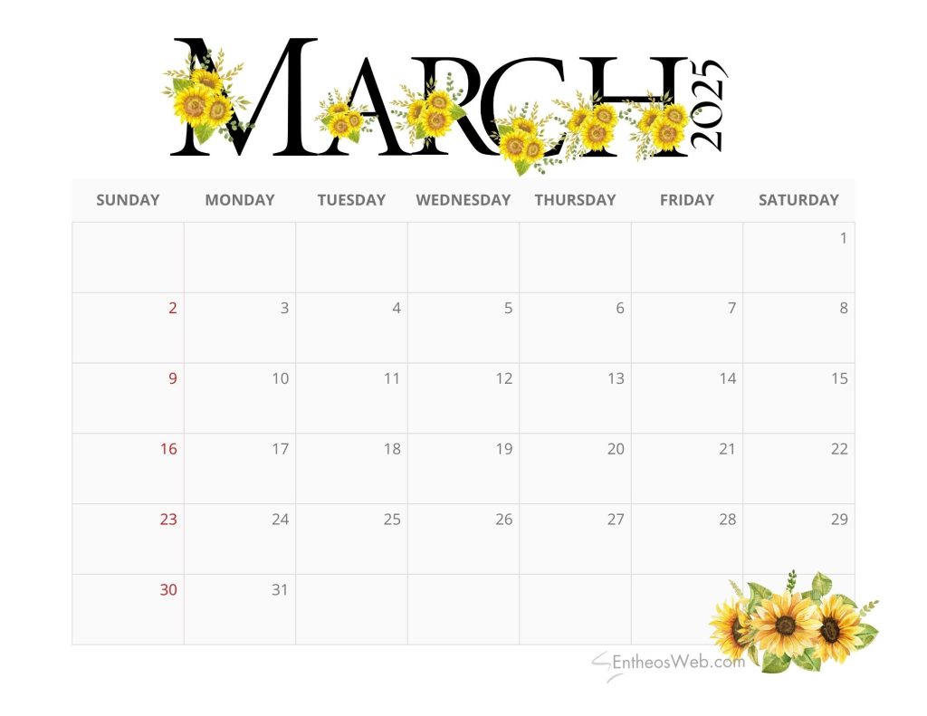 Free Printable Monthly Calendar 2026 Sunflowers | EntheosWeb