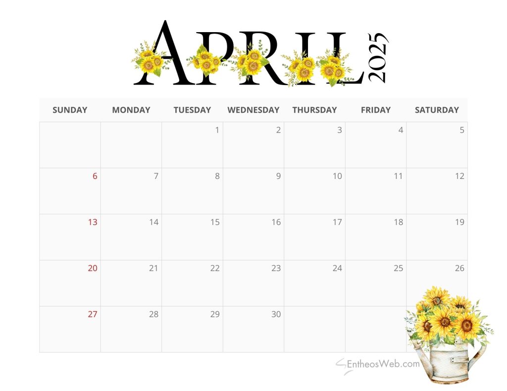 Free Printable Monthly Calendar 2026 Sunflowers | EntheosWeb