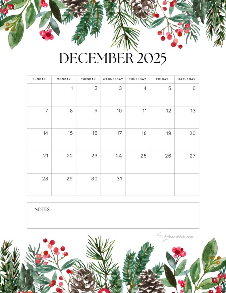 Christmas Printable December 2025 Calendars | EntheosWeb