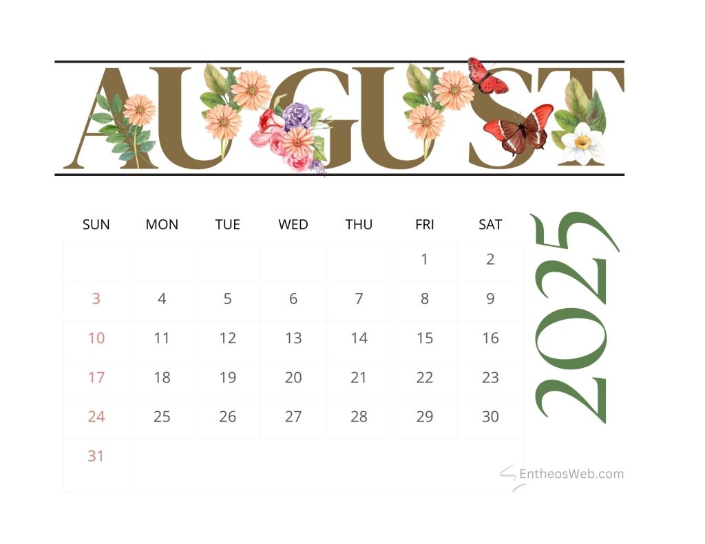 Free August 2025 Printable Calendars | EntheosWeb