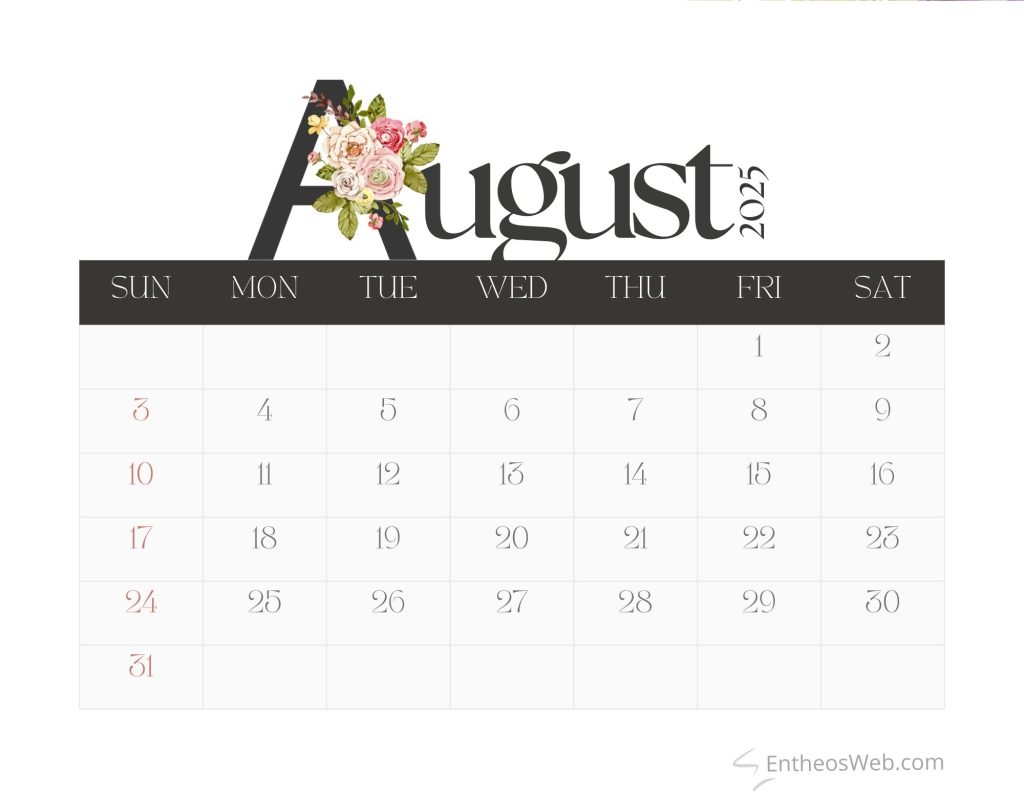 Free August 2025 Printable Calendars | EntheosWeb