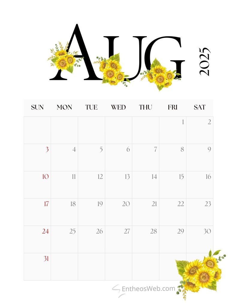 Free Printable Monthly Calendar 2025 Sunflowers | EntheosWeb