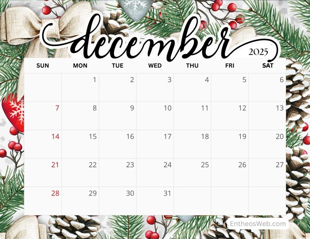 Winter December 2025 Printable Calendars | EntheosWeb