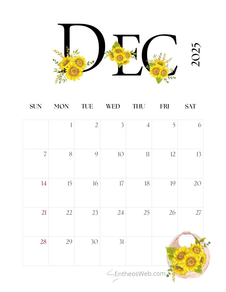 Free Printable Monthly Calendar 2025 Sunflowers | EntheosWeb