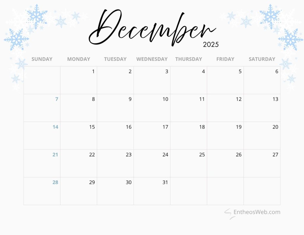 Free December Printable Calendars | EntheosWeb