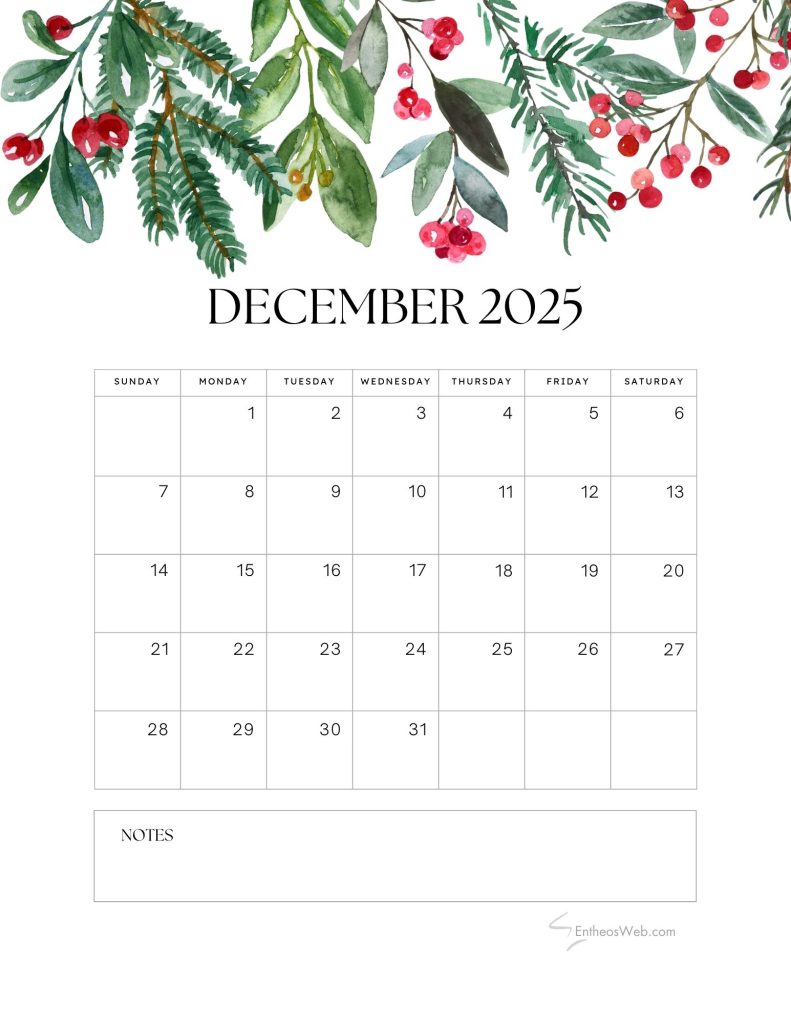 Free Printable December 2025 Calendar – Vertical Designs | EntheosWeb