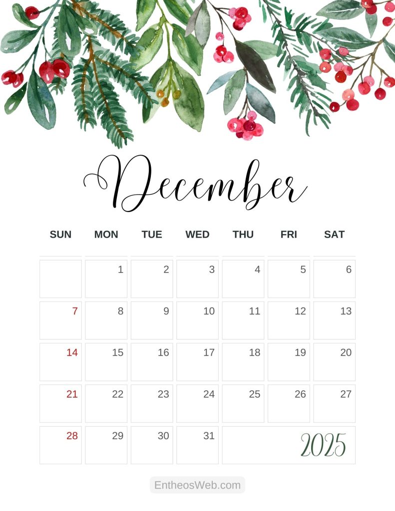 December 2025 Calendar – Free Printable PDF Downloads | EntheosWeb