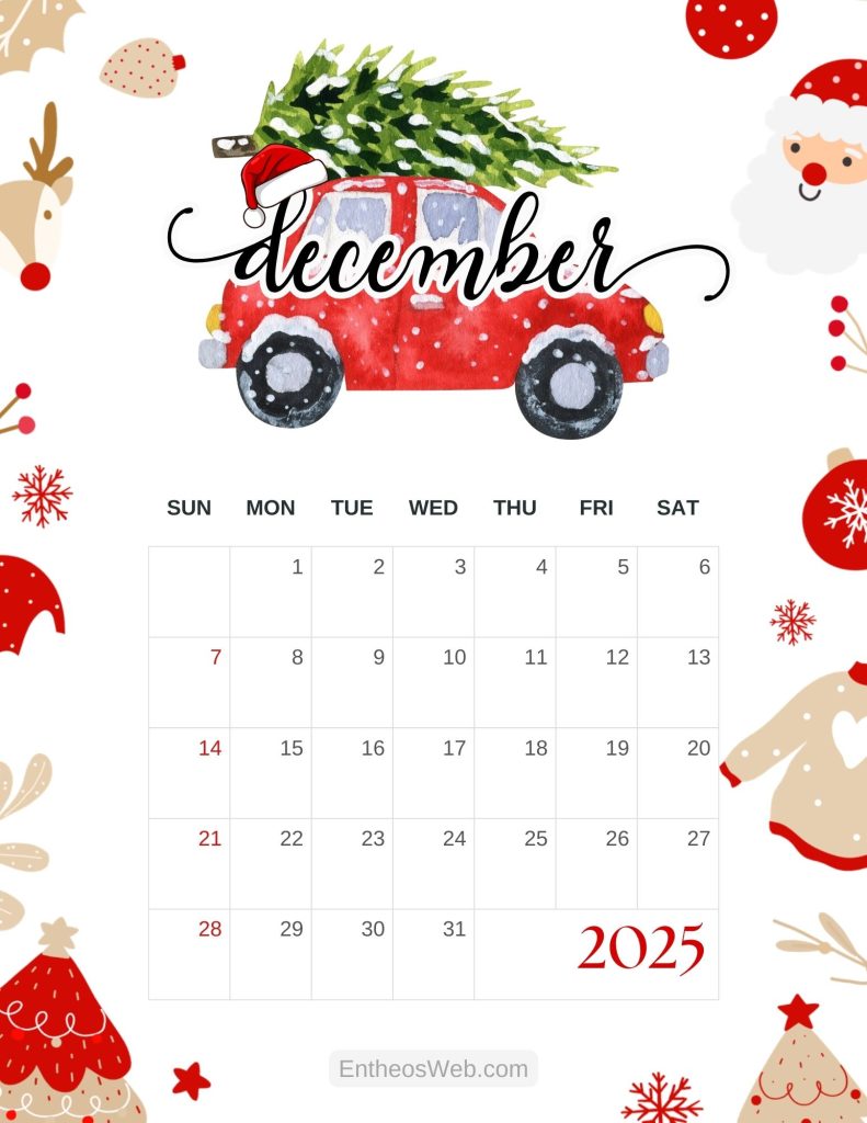 Free Printable December 2025 Calendar – Vertical Designs | EntheosWeb