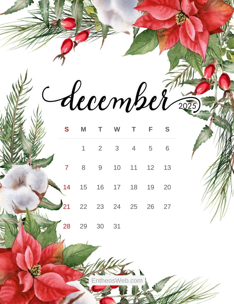 Free Printable December 2025 Calendar – Vertical Designs | EntheosWeb