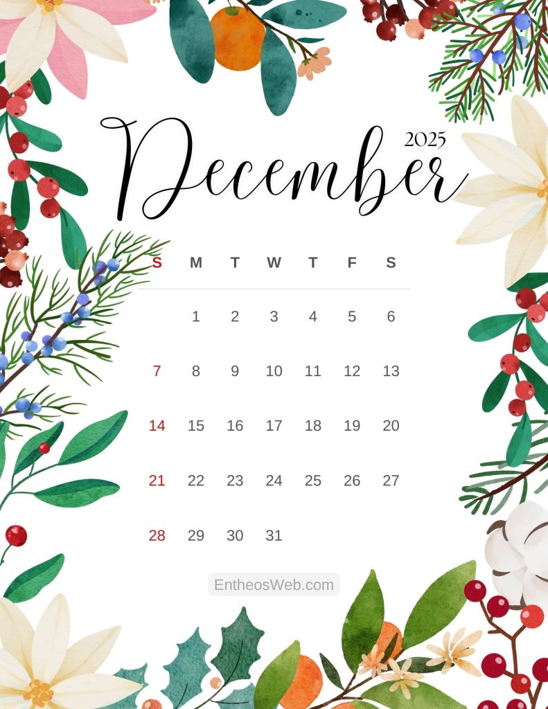 Free Printable December 2025 Calendar – Vertical Designs | EntheosWeb