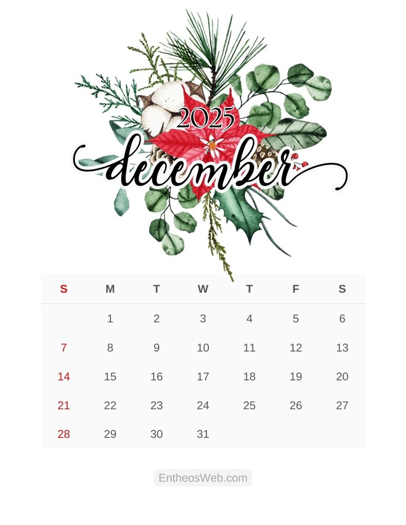 Free Printable December 2025 Calendar – Vertical Designs | EntheosWeb