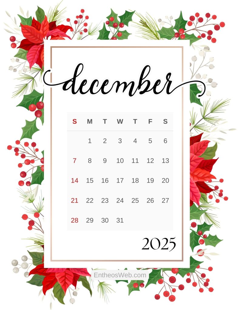 Free Printable December 2025 Calendar – Vertical Designs | EntheosWeb