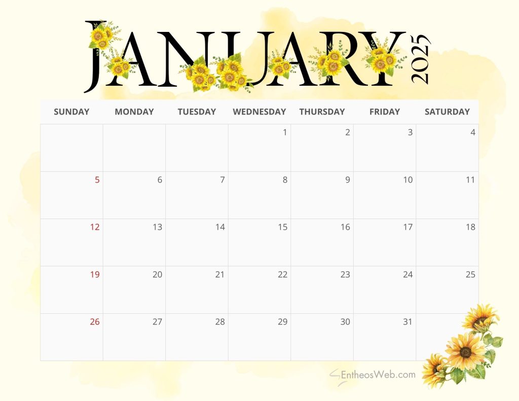 Free Printable Monthly Calendar 2026 Sunflowers | EntheosWeb