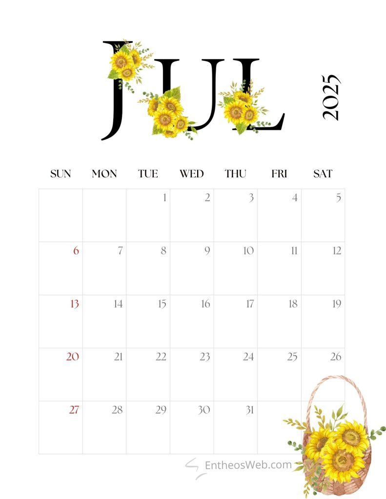 Free Printable Monthly Calendar 2026 Sunflowers | EntheosWeb