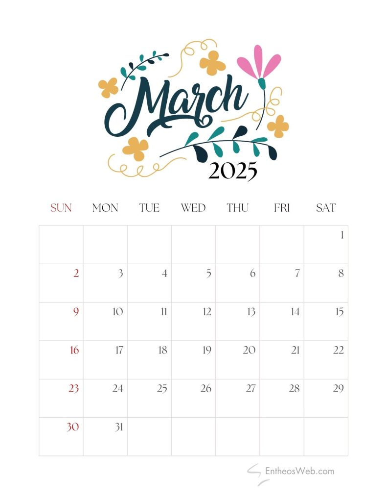 March 2025 Calendar Free PDF Printables | EntheosWeb