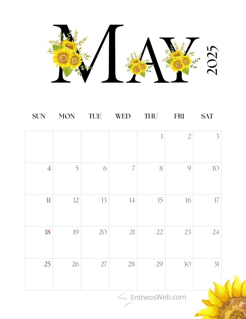 Free Printable Monthly Calendar 2026 Sunflowers | EntheosWeb