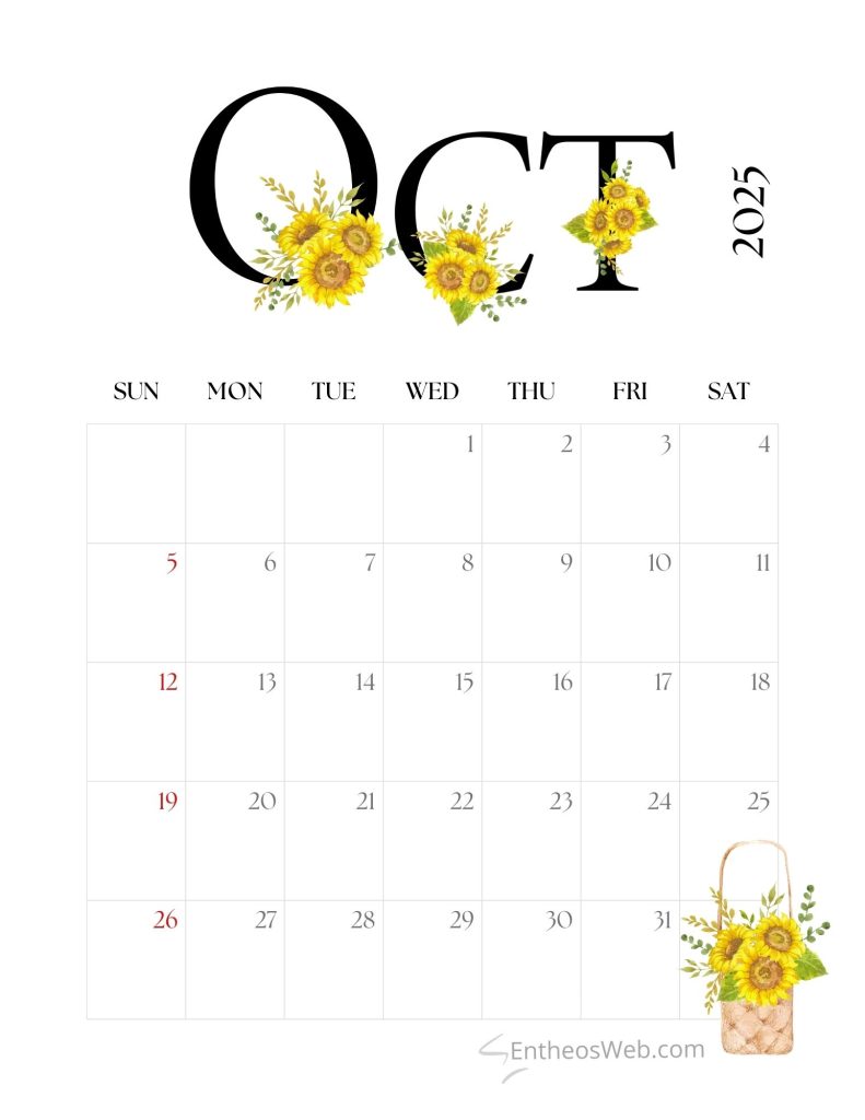 Free Printable Monthly Calendar 2025 Sunflowers | EntheosWeb