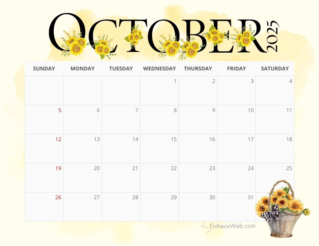 Free Printable Monthly Calendar 2025 Sunflowers | EntheosWeb