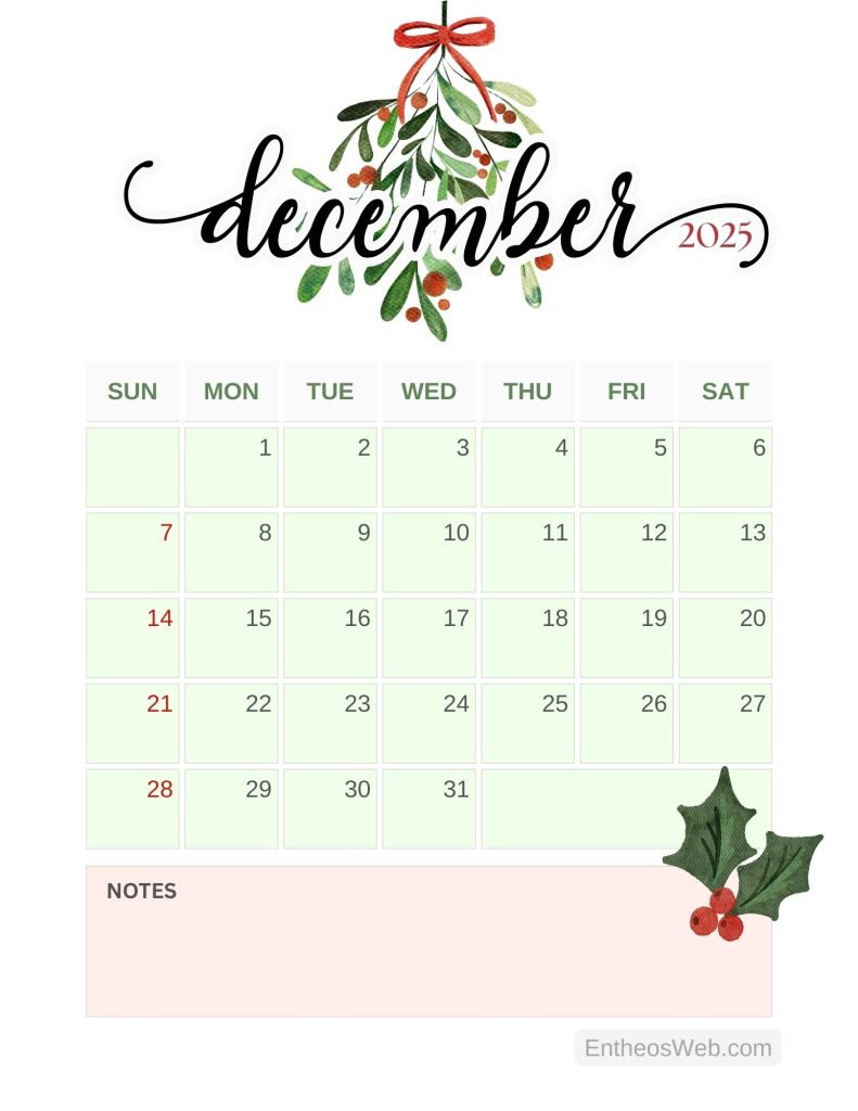 Free Printable December 2025 Calendar – Vertical Designs | EntheosWeb