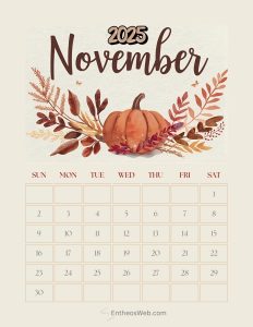 Thanksgiving November Printable Calendar | EntheosWeb