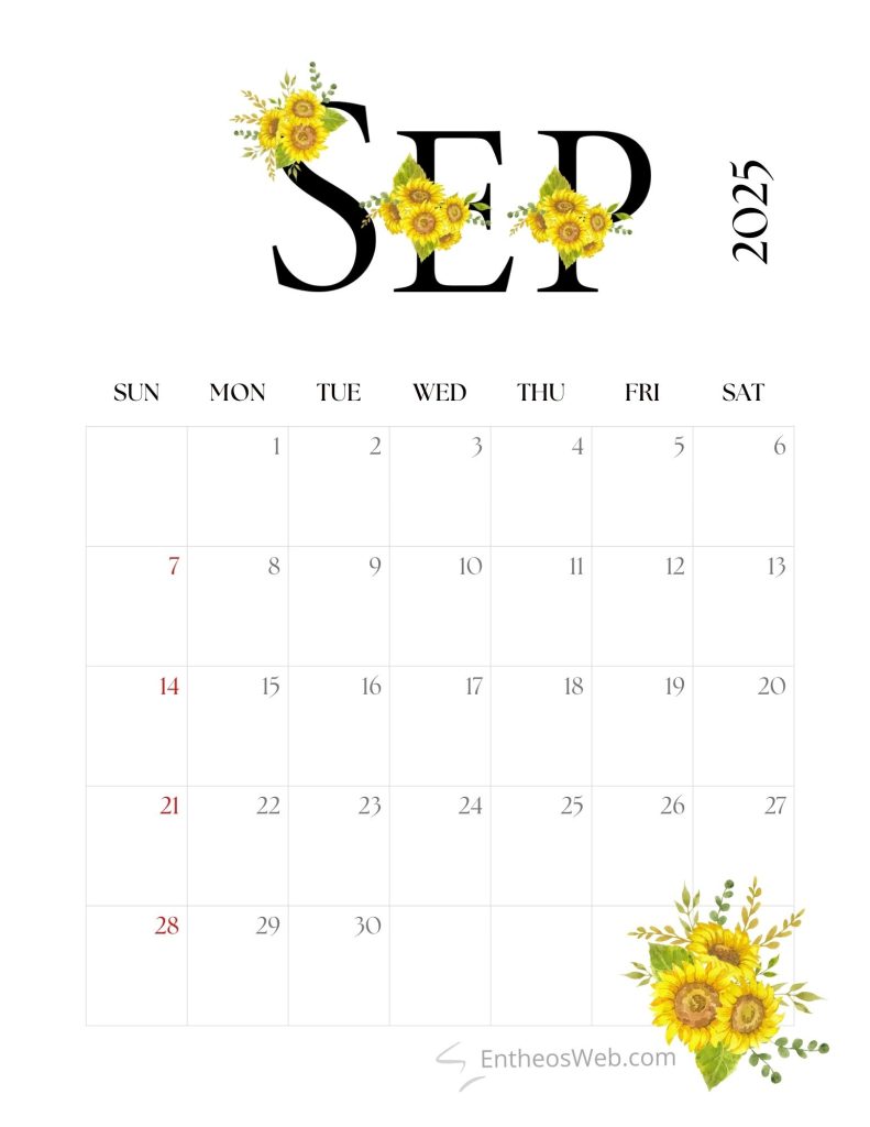 Free Printable Monthly Calendar 2025 Sunflowers | EntheosWeb