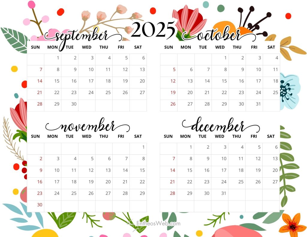 4 month Printable Calendars – September, October, November and December ...