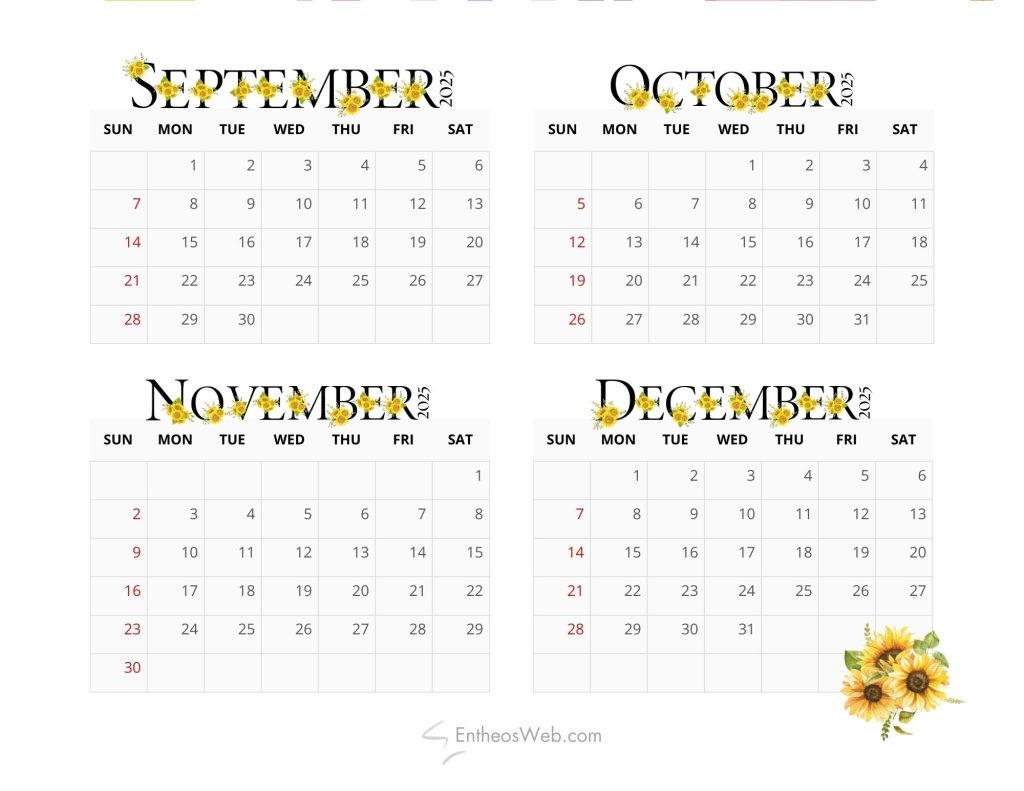 Free Printable Monthly Calendar 2026 Sunflowers | EntheosWeb