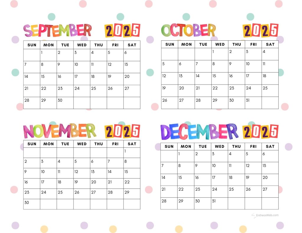 4 month Printable Calendars – September, October, November and December ...