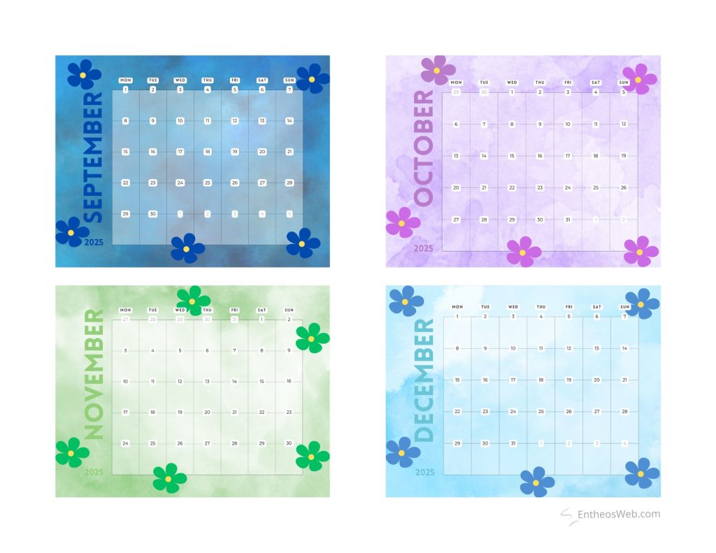 4 month Printable Calendars – September, October, November and December ...