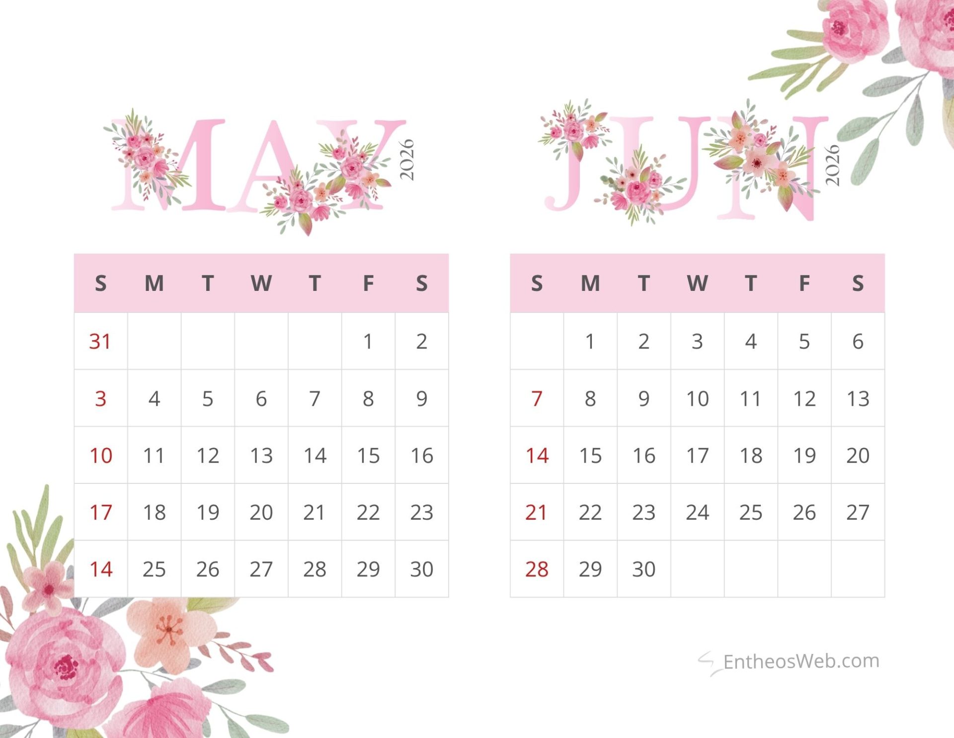 May June 2026 Calendar Printable | EntheosWeb