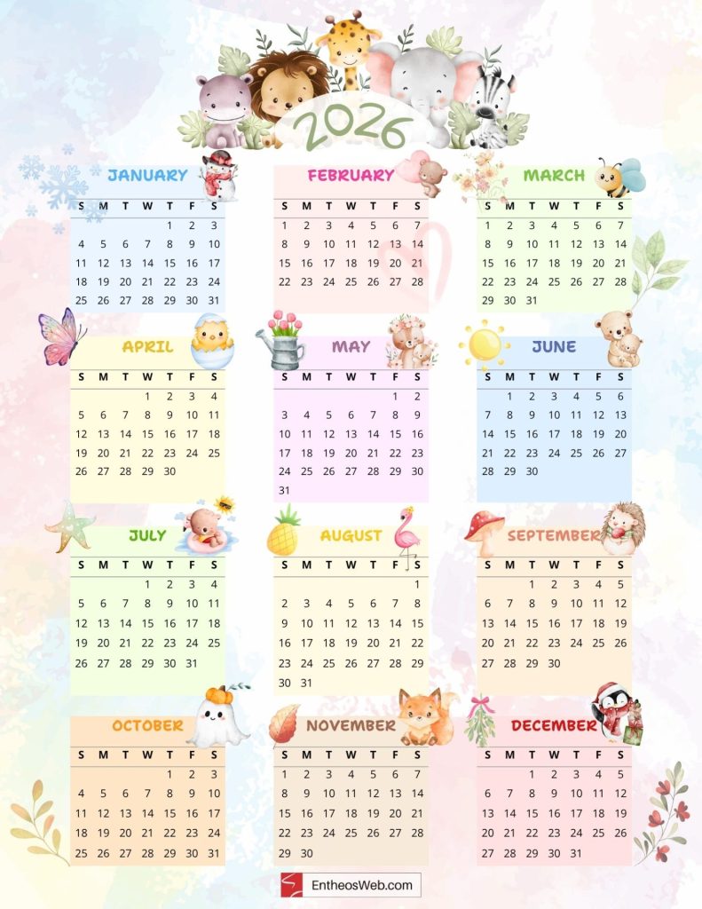 Full Year Printable 2026 Calendar – Free One Page Calendars | EntheosWeb
