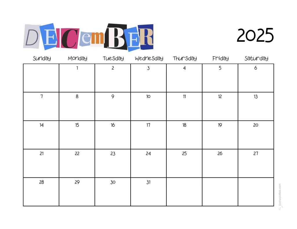 December 2025 Calendar – Free Printable PDF Downloads | EntheosWeb