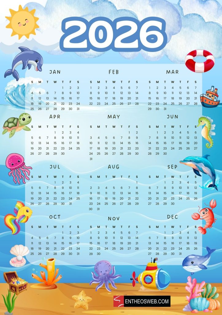 Printable Kids Calendar 2026 – Cute Single Page Full Year PDF Calendars ...