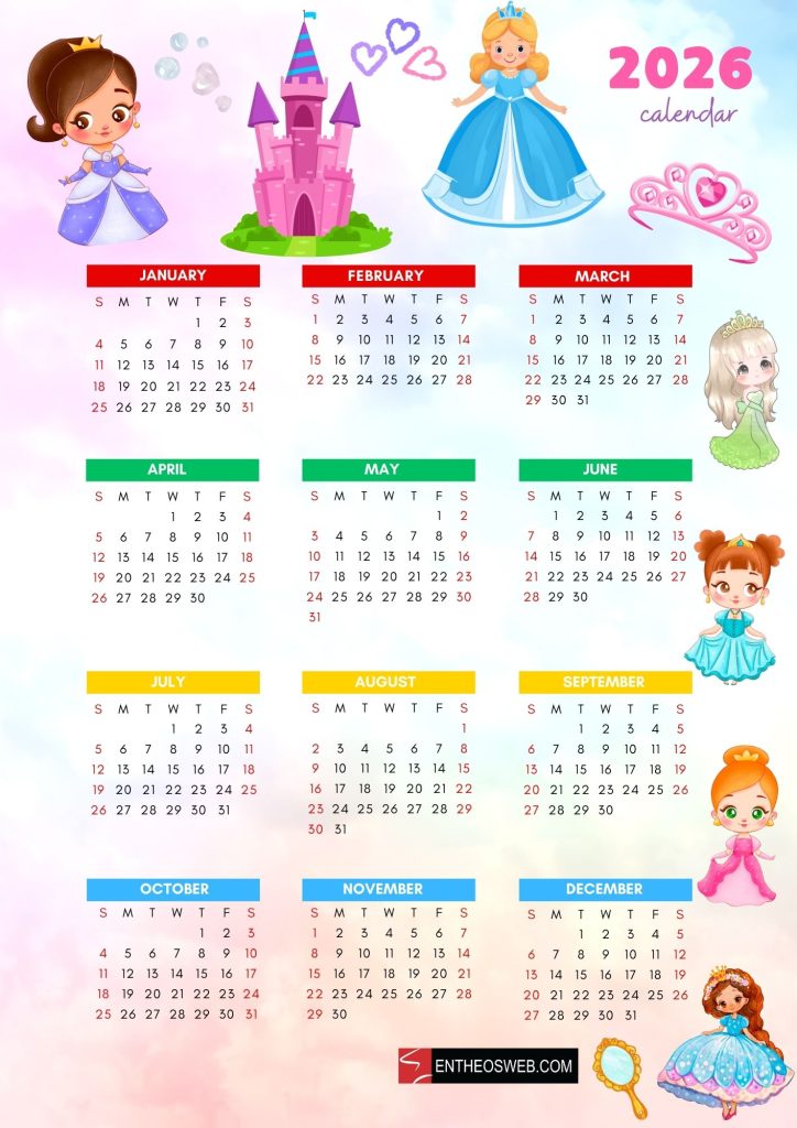 Printable Kids Calendar 2026 – Cute Single Page Full Year PDF Calendars ...