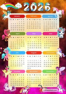 Printable Kids Calendar 2026 – Cute Single Page Full Year PDF Calendars | EntheosWeb
