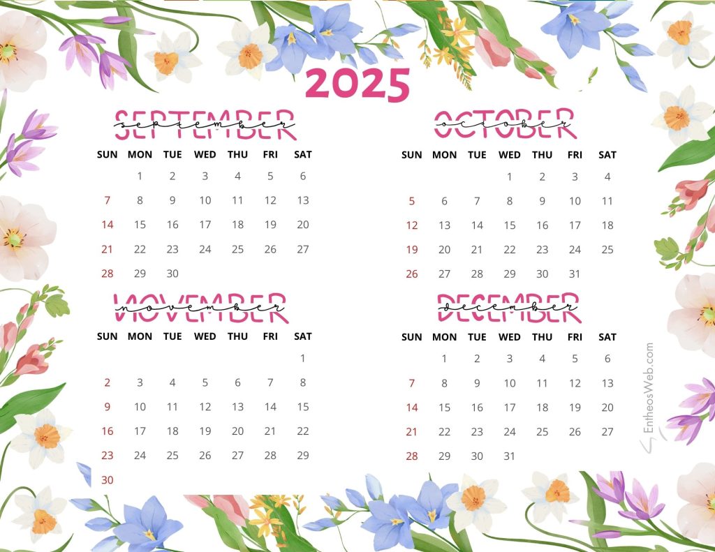 4 month Printable Calendars – September, October, November and December ...