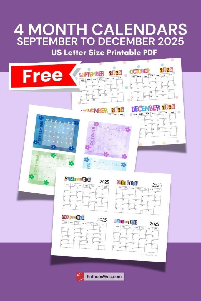 4 month Printable Calendars – September, October, November and December ...