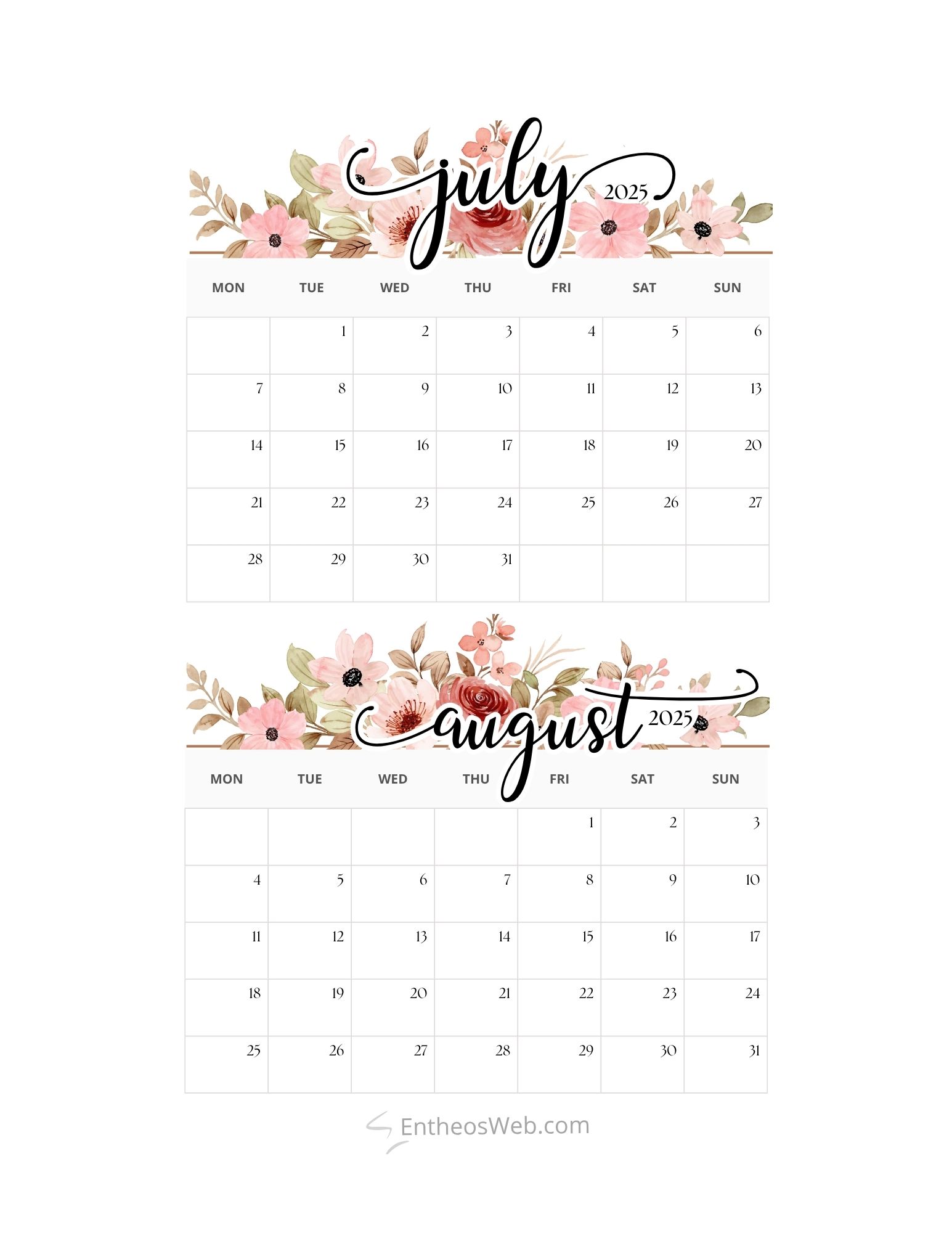 July & August 2026 – 2 Month Calendars | EntheosWeb