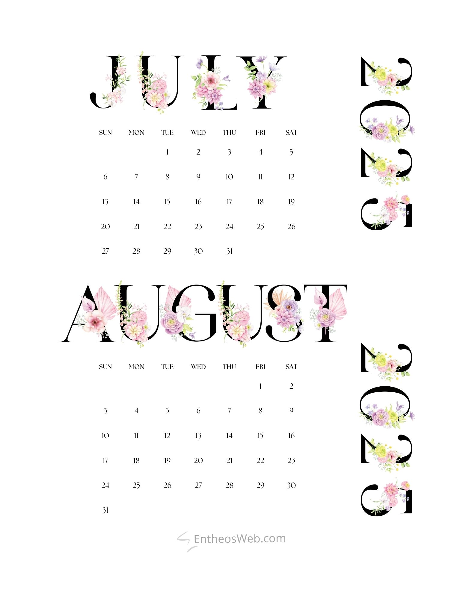 July & August 2026 – 2 Month Calendars | EntheosWeb