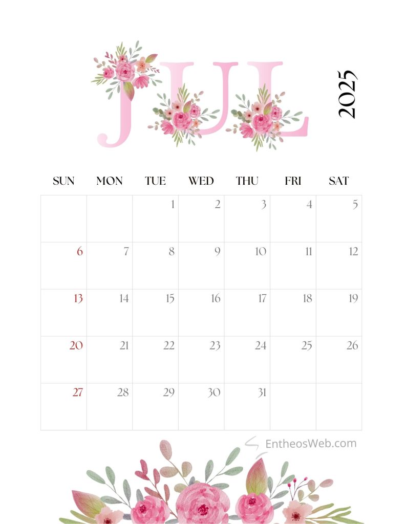 2025 Monthly Printable Calendars – Pretty Pink Florals | EntheosWeb