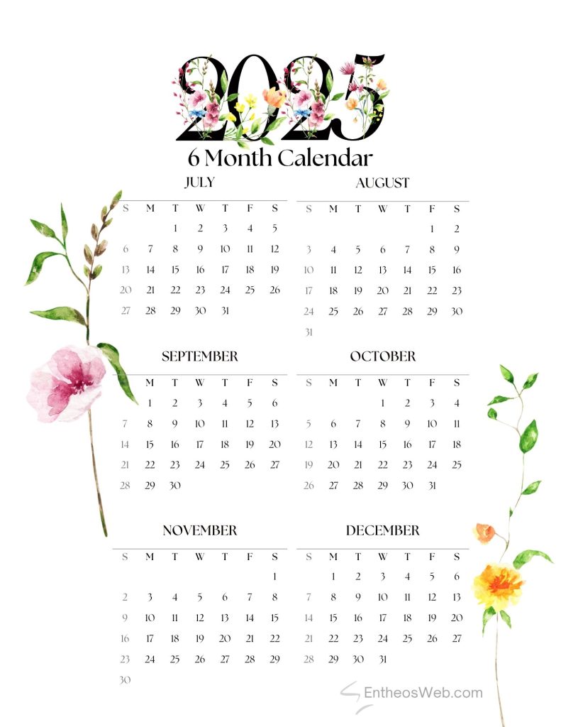 July to December 2026 – 6 Month Calendar Printable | EntheosWeb
