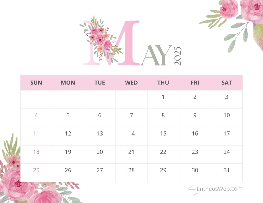 Pretty Pink Floral Printable 2026 Calendars | EntheosWeb