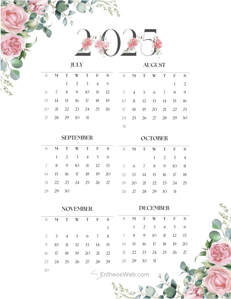 July to December 2025 – 6 Month Calendar Printable | EntheosWeb