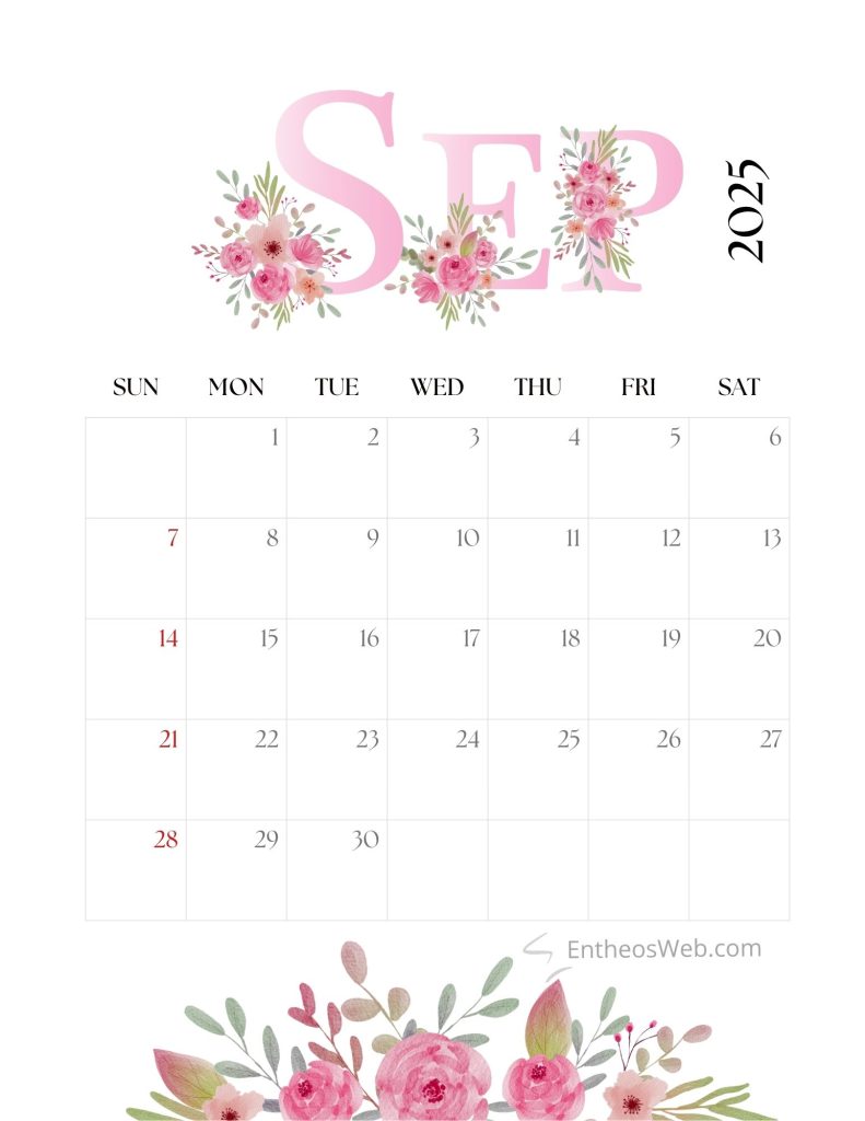 2025 Monthly Printable Calendars – Pretty Pink Florals | EntheosWeb